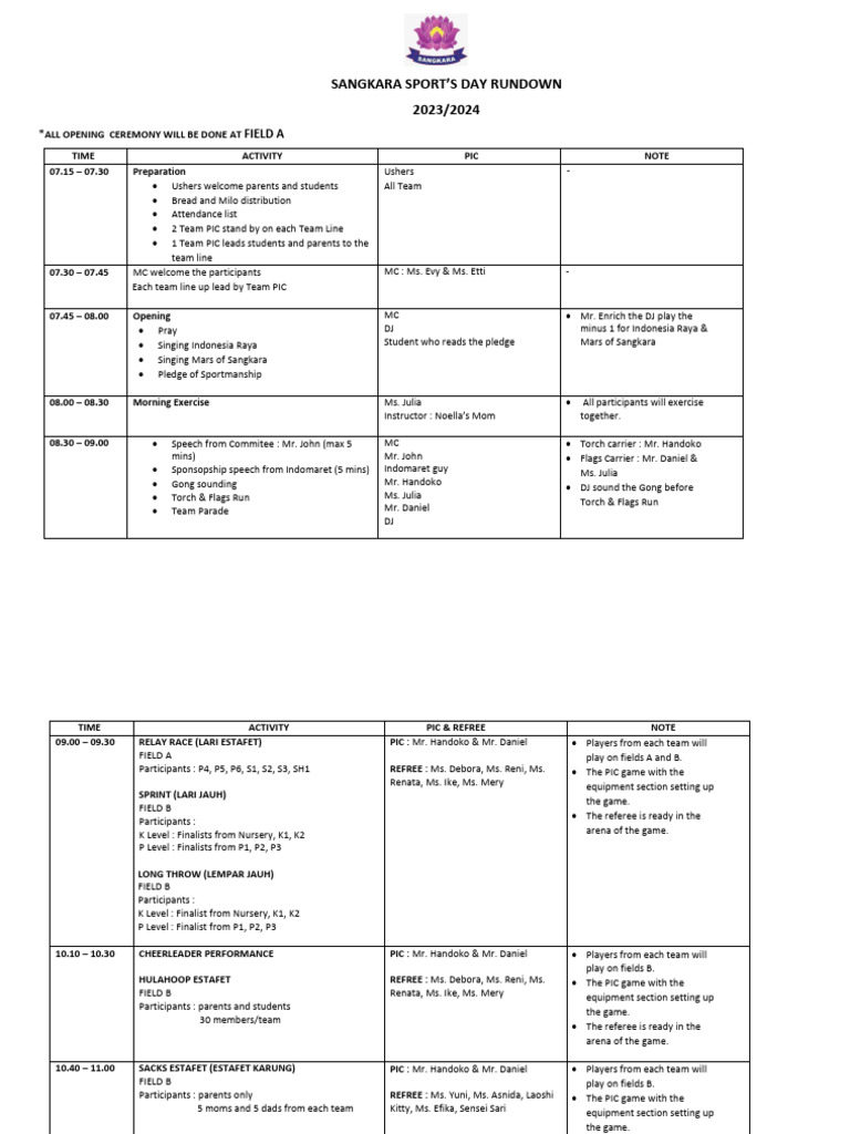 Rundown Sport Day 2023-2024-Revised | PDF