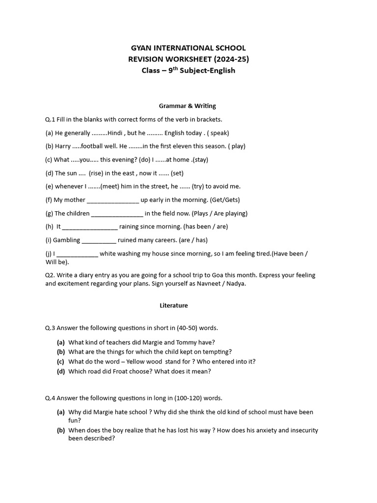 English revision worksheet class 9th new (3) | PDF