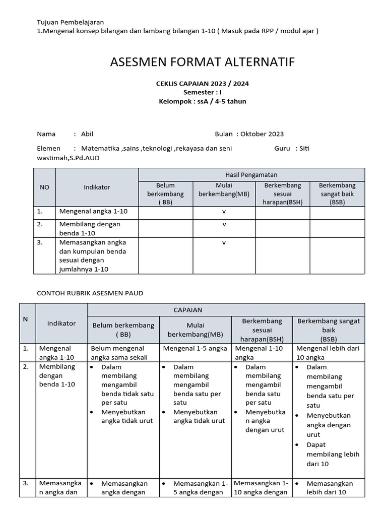 Contoh Asesmen Ceklis Dengan Rubrik-1 | PDF