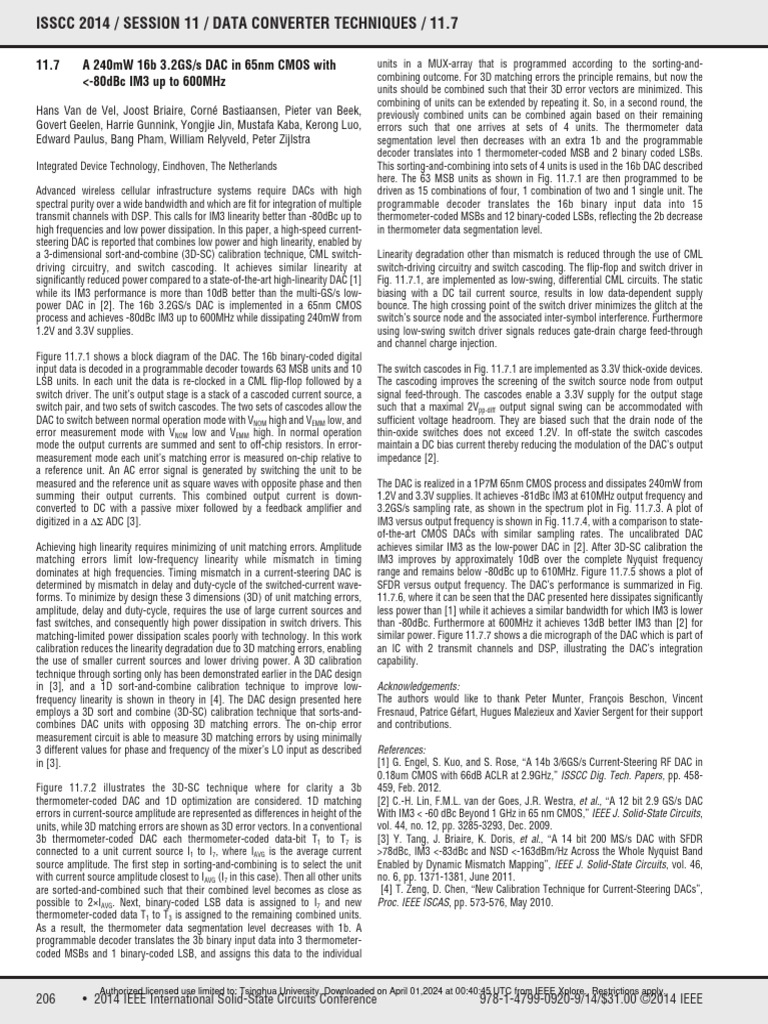 11.7 A 240mW 16b 3.2GS S DAC in 65nm CMOS With lt-80dBc IM3 Up To 600MHz | PDF | Computers