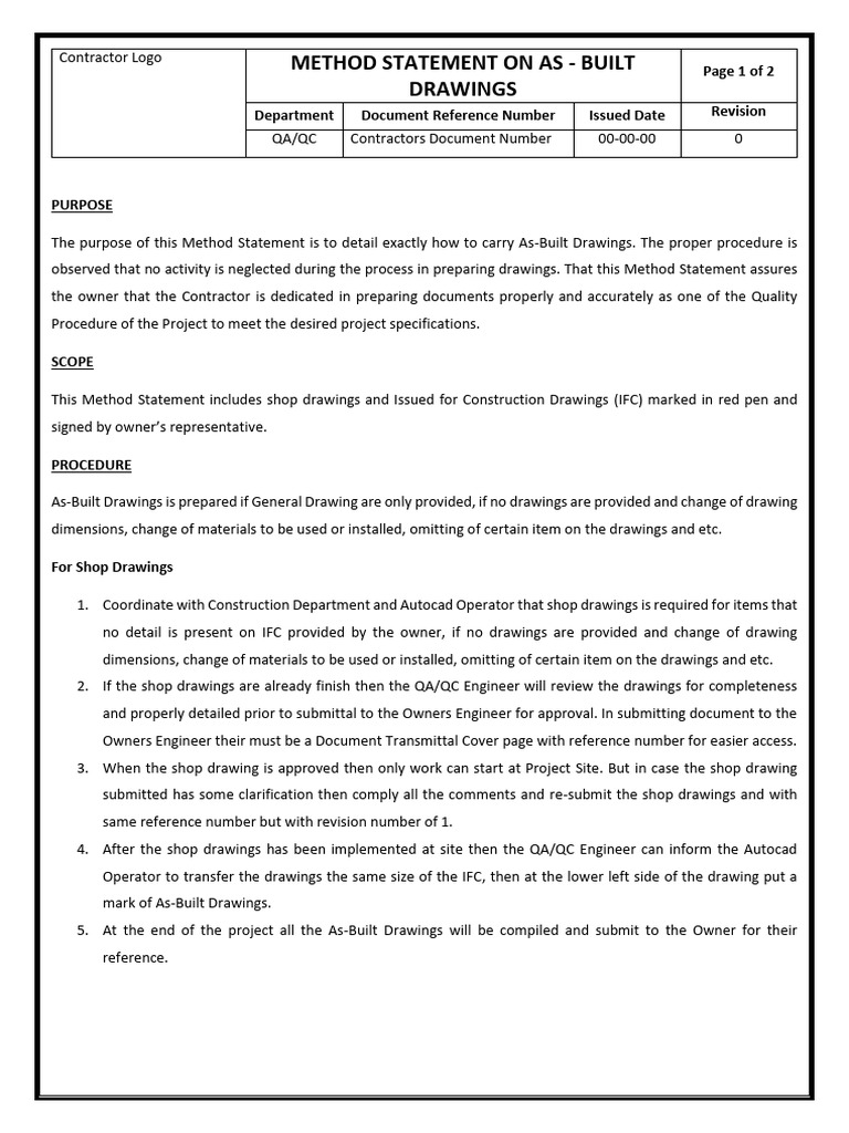METHOD STATEMENT ON AS BUILT DRAWINGS | PDF