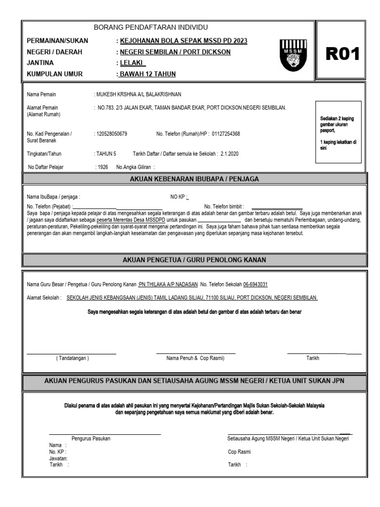 Borang Ro1 Bola Sepak Pdf