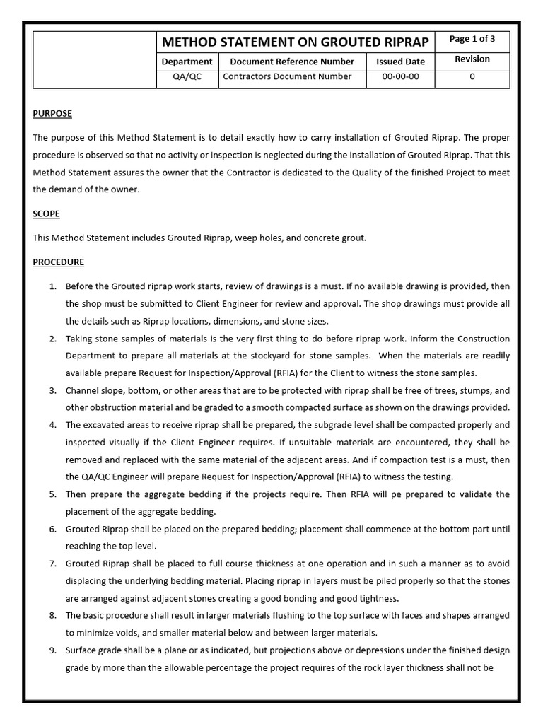 Method Statement On Grouted Riprap | PDF | Quality Assurance | Civil ...