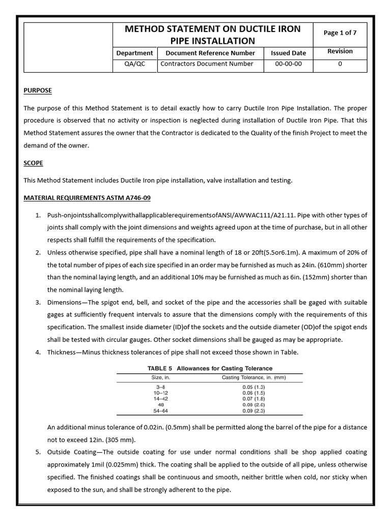 Method Statement On Ductile Pipe | PDF | Pipe (Fluid Conveyance) | Mechanical Engineering
