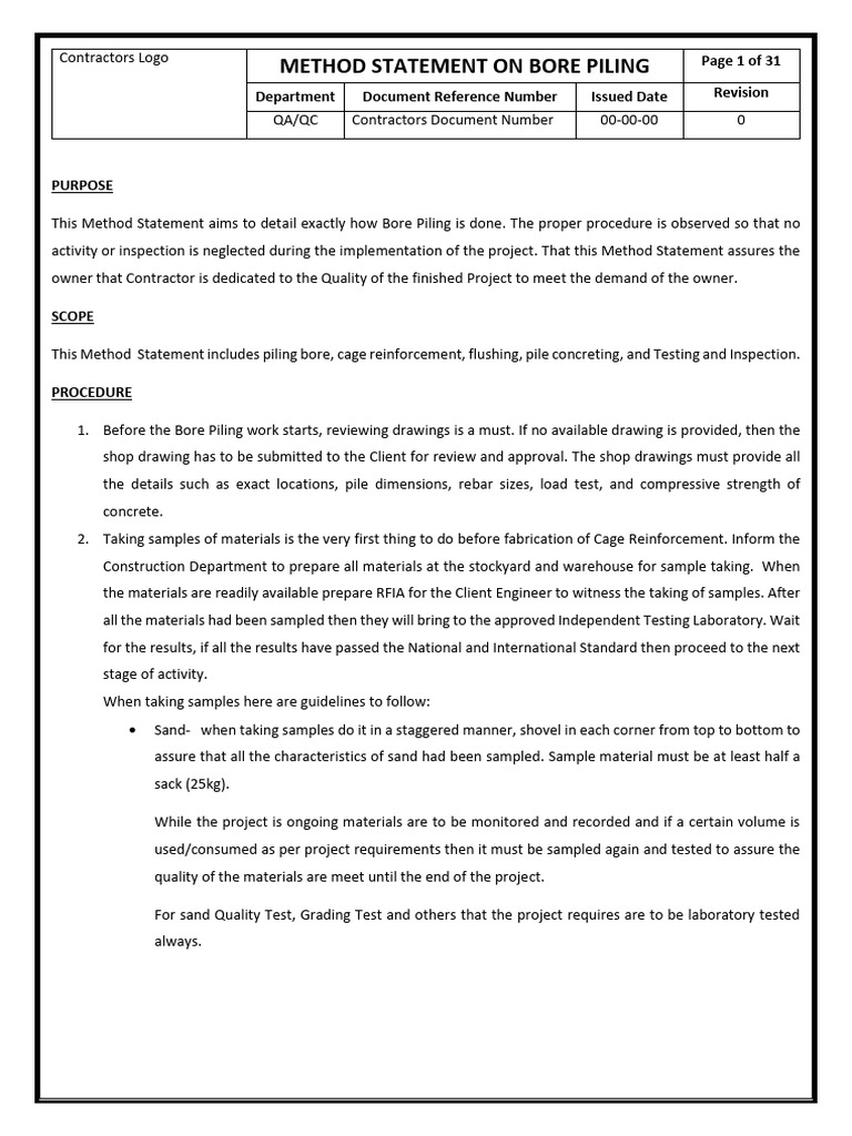 Method Statement On Bore Piling | PDF | Deep Foundation | Concrete