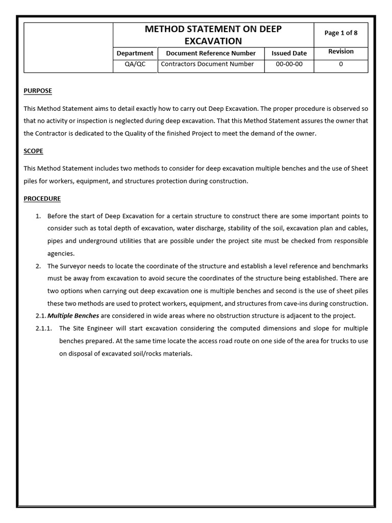 Method Statement On Deep Excavation | Download Free PDF | Deep Foundation | Civil Engineering