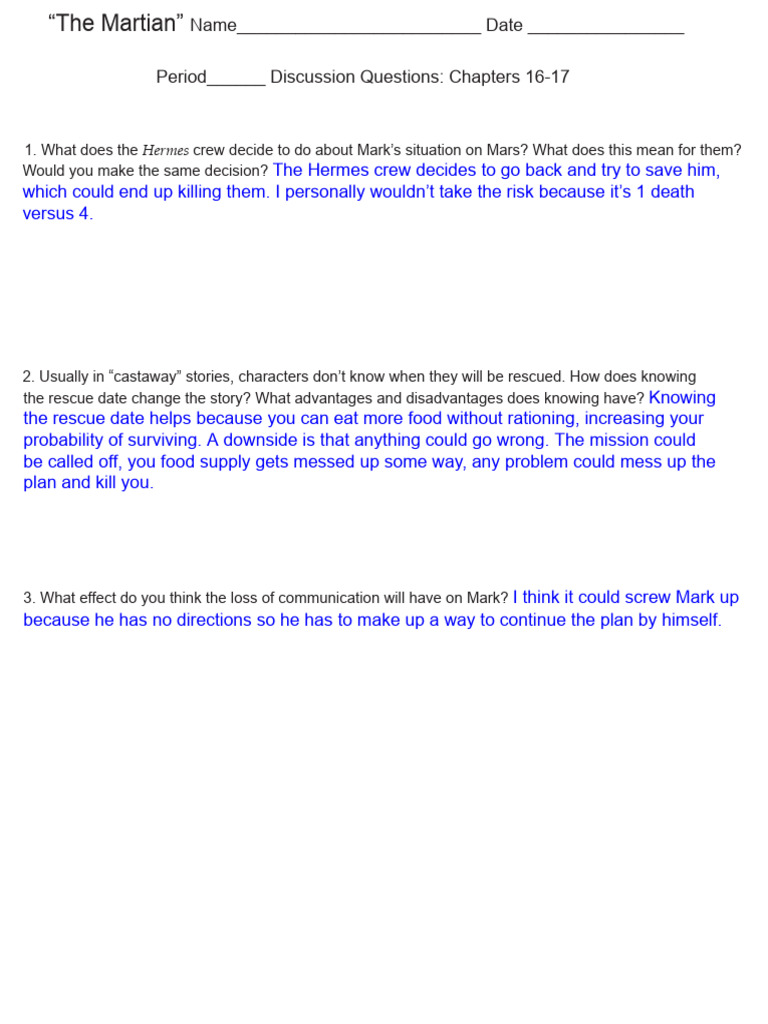 Martian Discussion Questions Chapter 16-17 | PDF