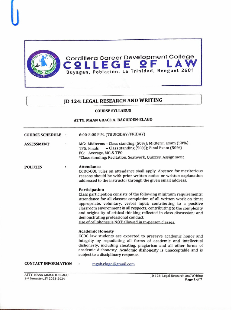 JD 124 Legal Research and Writing Syllabus | PDF