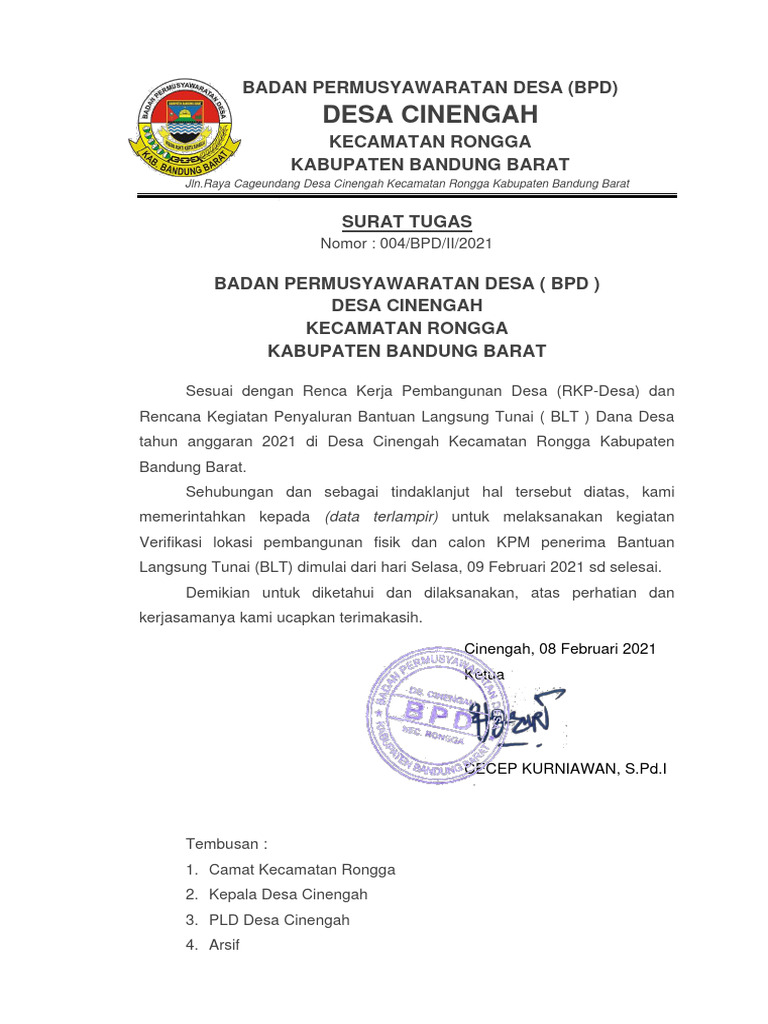 SURAT TUGAS VERIFIKASI RKPDes Dan KPM BLTT | PDF