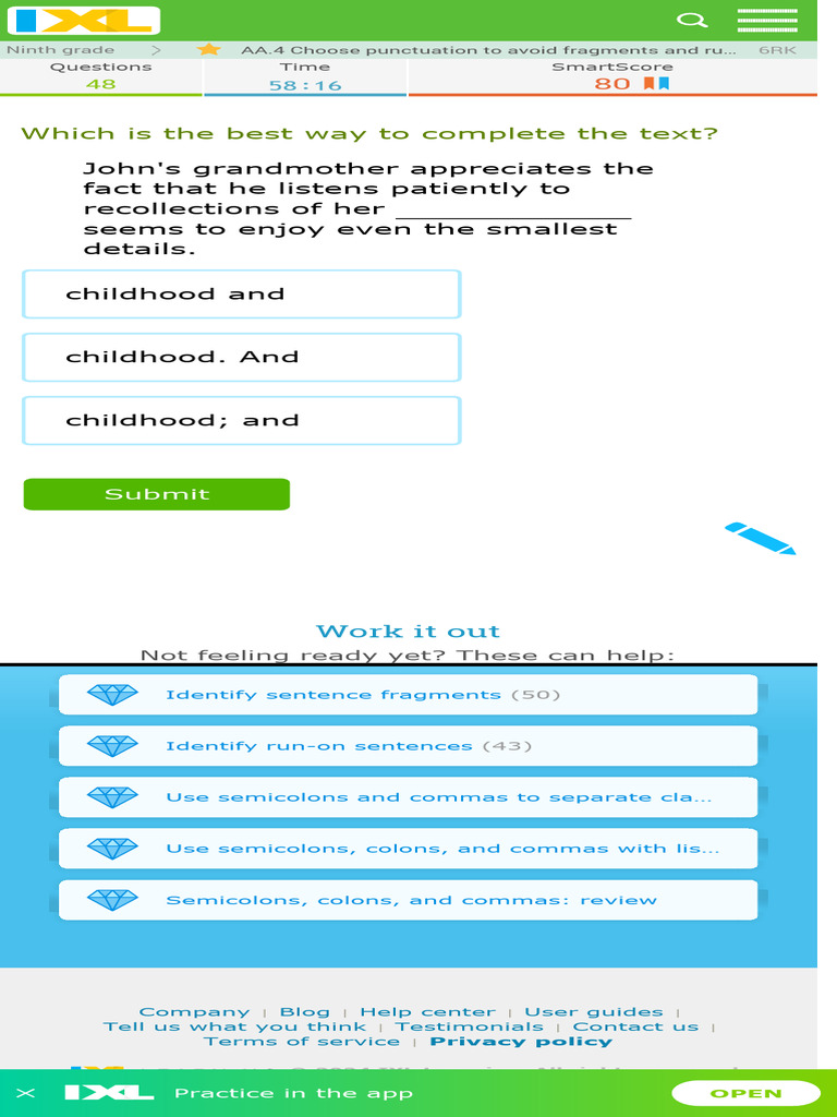 IXL Choose Punctuation To Avoid Fragments and Run-Ons 9th Grade ...