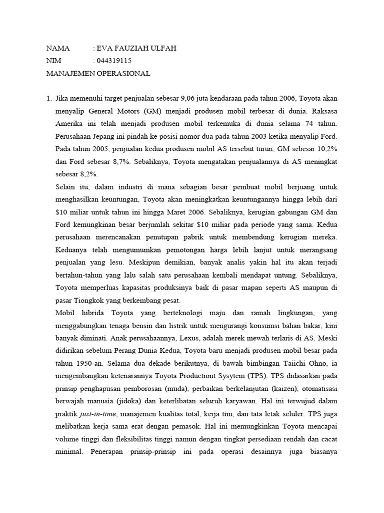 Eva Fauziah Ulfah - Tugas 1 - Manajemen Operasional | PDF | Bisnis | Teknologi & Rekayasa