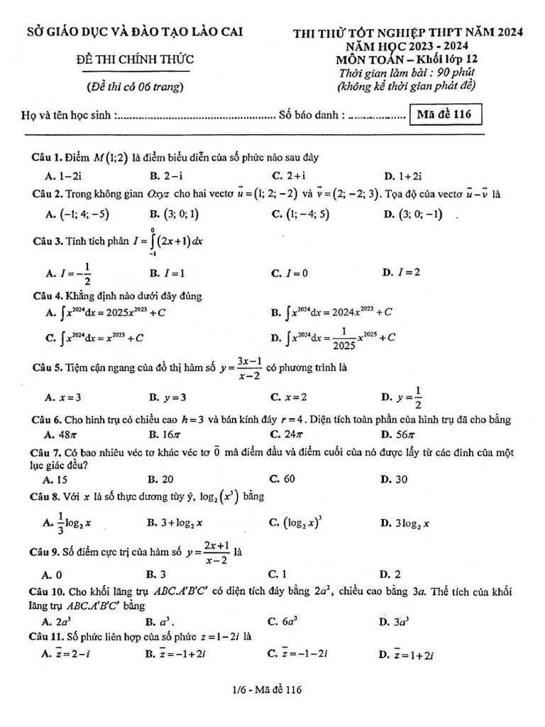 De Thi Thu Tot Nghiep THPT Nam 2024 Mon Toan So GDDT Lao Cai | PDF