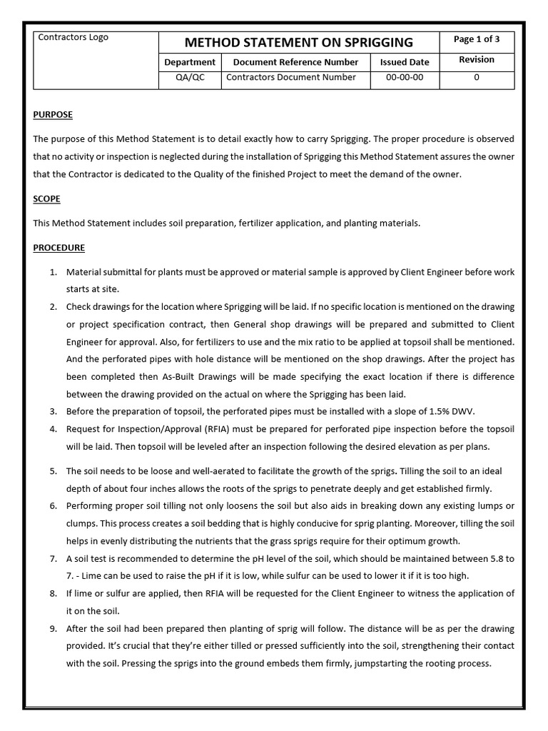 Method Statement On Sprigging | PDF | Soil | Topsoil
