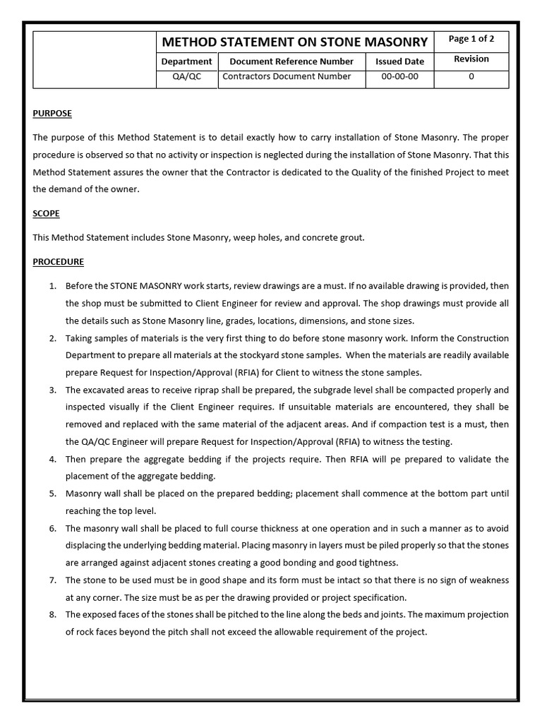 Method Statement for Stone Masonry | PDF | Mortar (Masonry) | Masonry