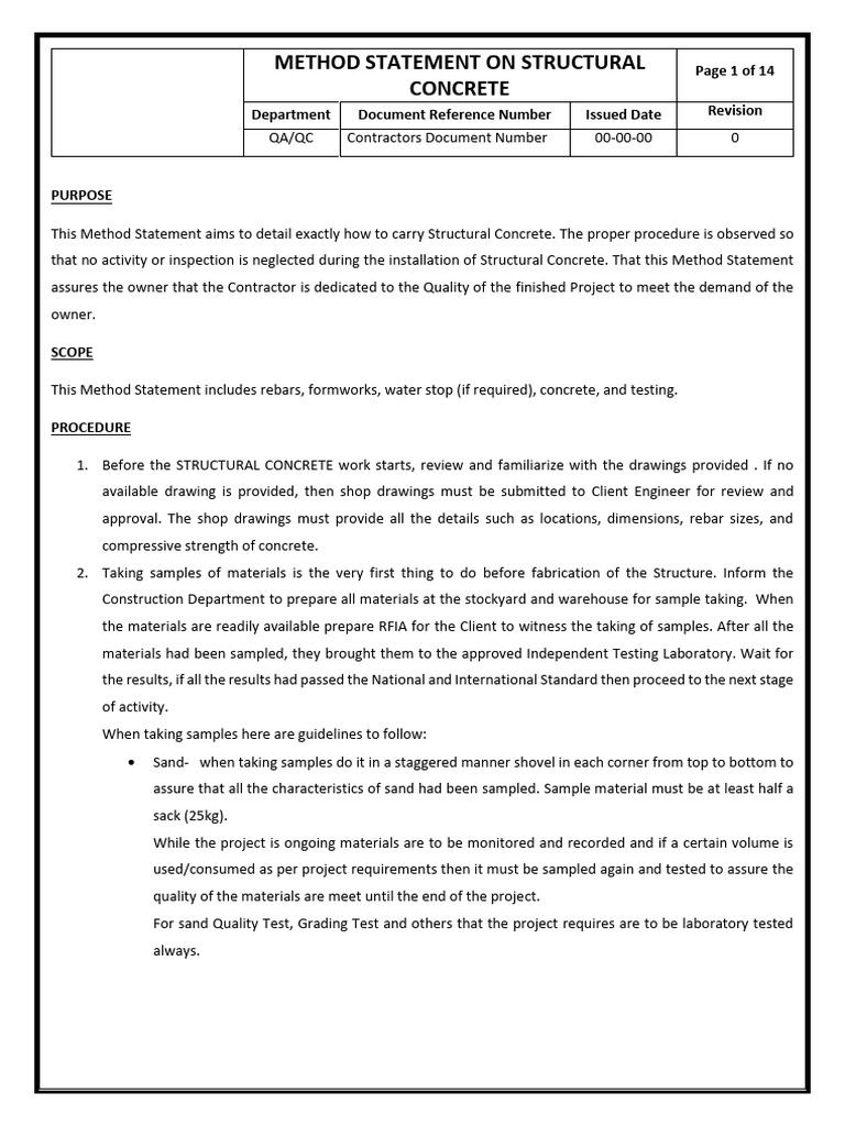 METHOD STATEMENT ON STRUCTURAL CONCRETE | PDF | Concrete | Quality ...