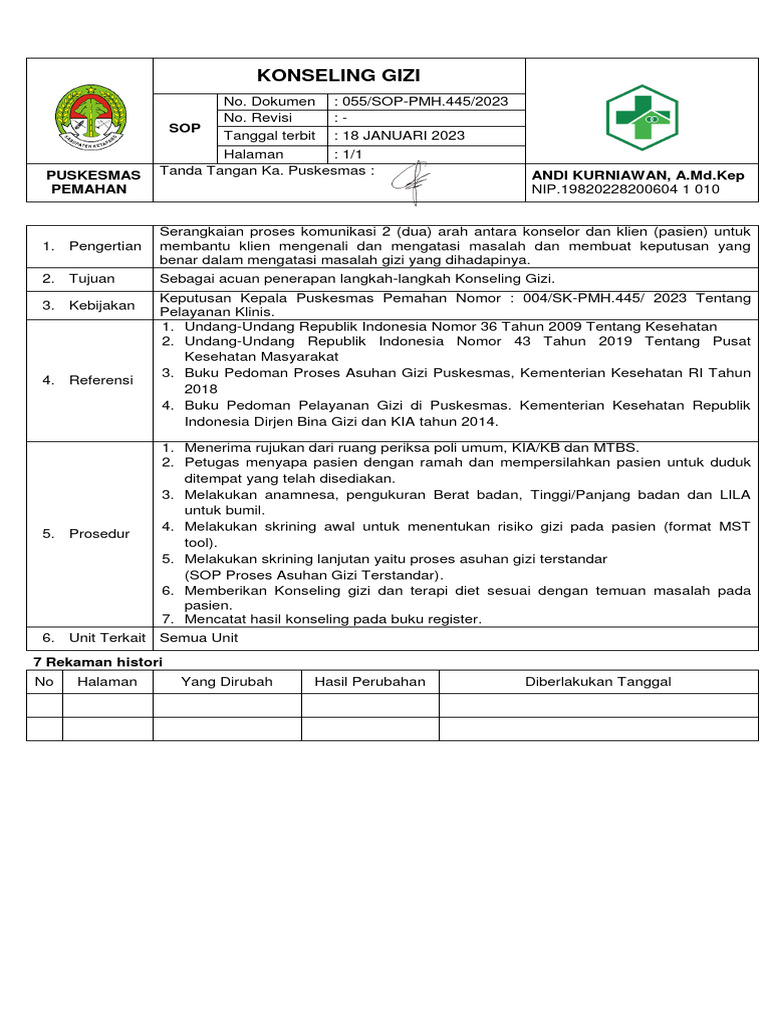 SOP Konseling Gizi Puskesmas Pemahan | PDF | Kesehatan Holistik