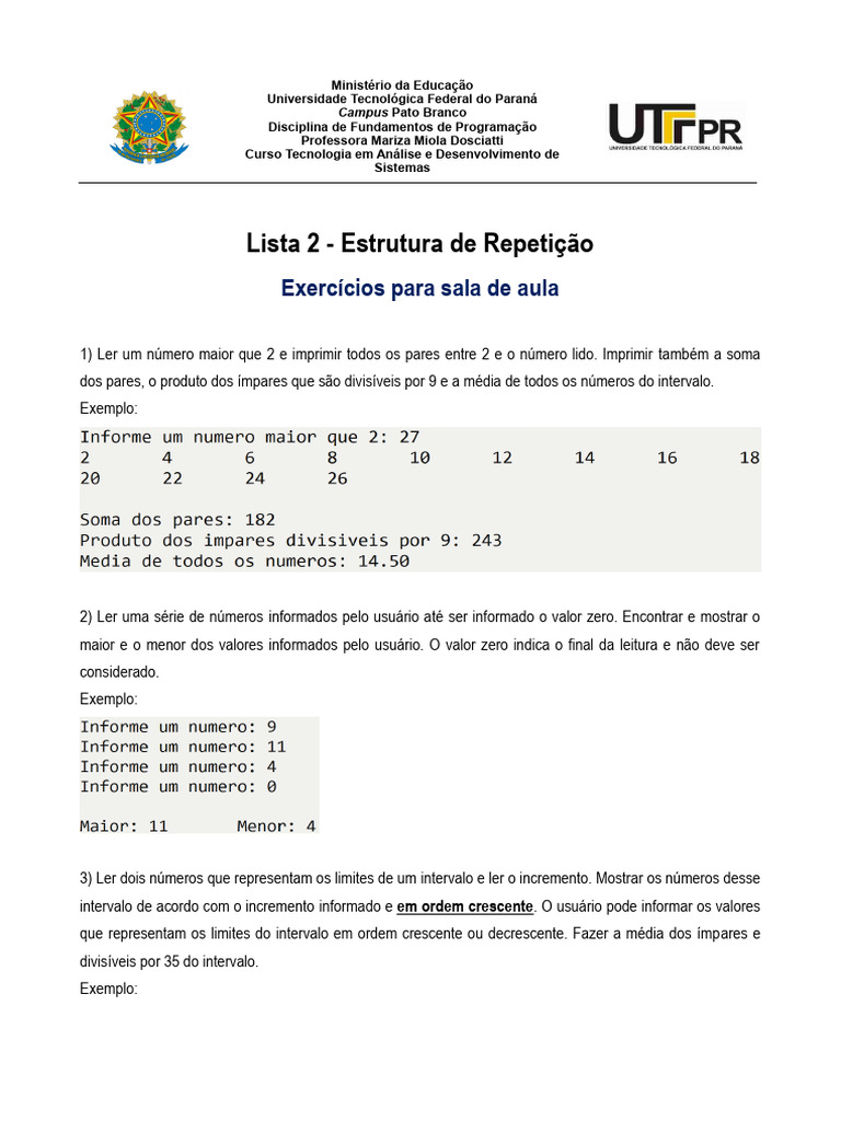 Lista2 Estrutura de Repeticao Sala de Aula | PDF | Raiz quadrada | Números