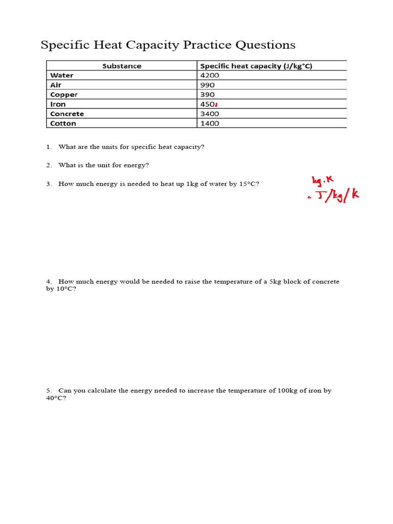 Specific Heat Capacity Exercises | PDF