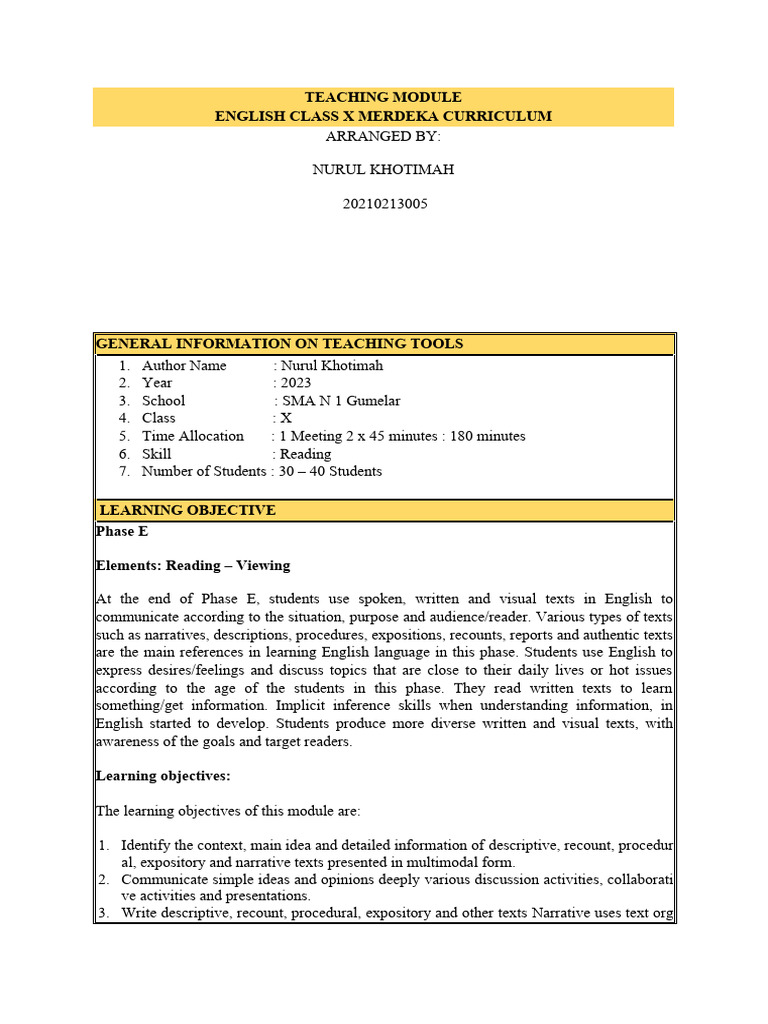 MODUL AJAR 1 (Reading - Viewing) | PDF | Learning | Cognitive Science