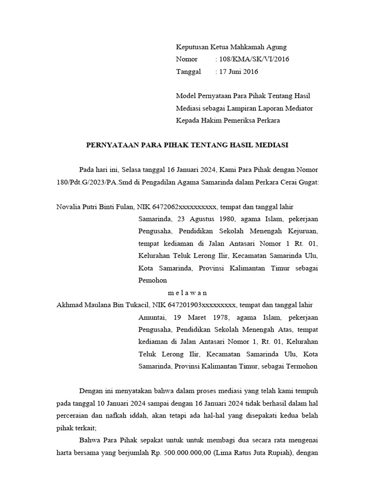 Contoh pernyataan Mediasi-1 | PDF