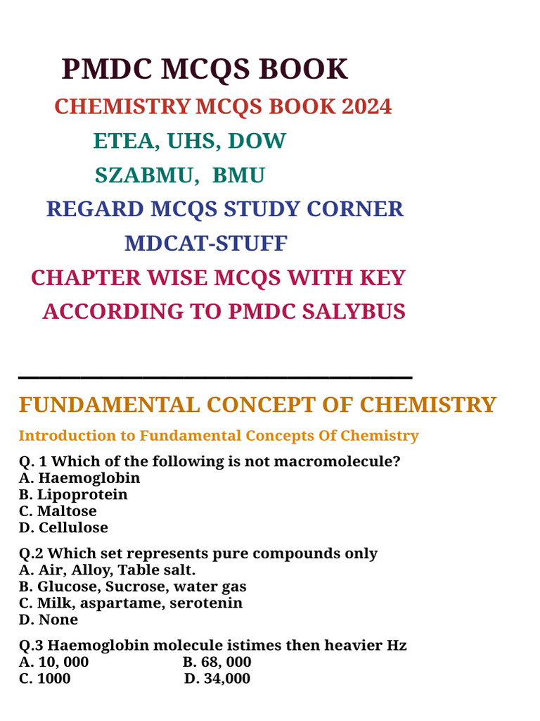PMDC Chemistry MCQS Book by Study Corner | PDF | Alkene | Ethanol