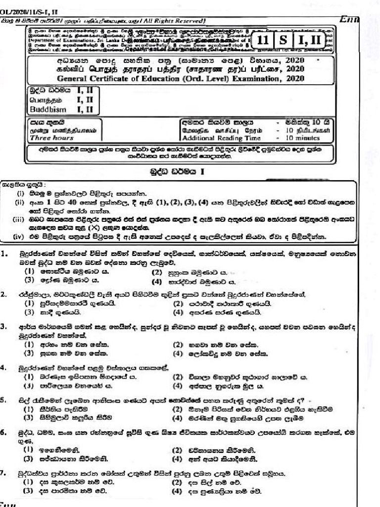 Gce Ordinary Level Exam 2020 Buddhism Past Papers 61af0a54c00ee | PDF