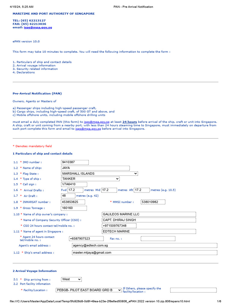 PAN - Pre Arrival Notification | PDF | Ships | Port