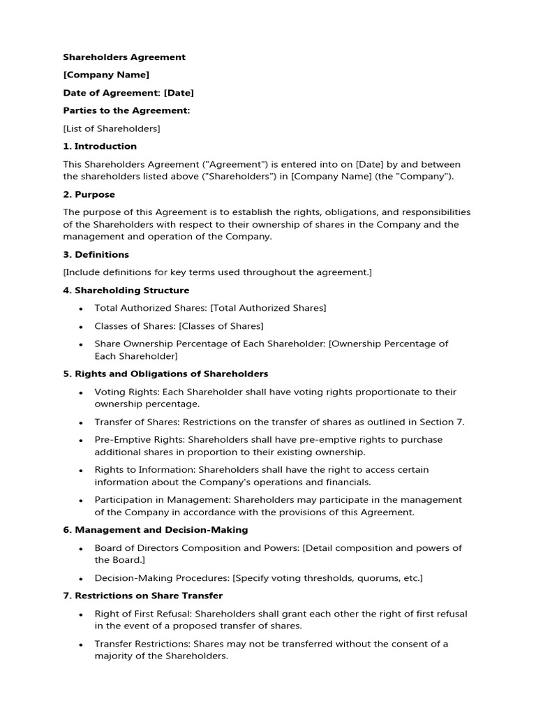 Template Shareholders Agreement Sample | PDF | Mediation | Dispute ...