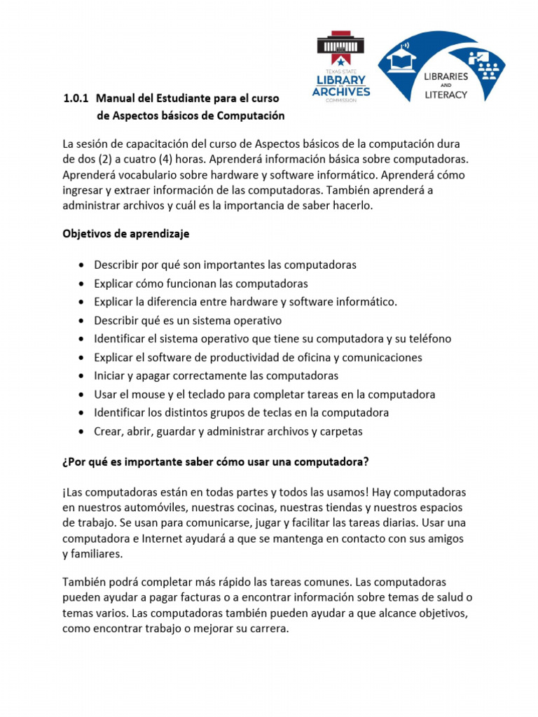 ES - 1-0-1 Computer Basics Student Manual | PDF | Archivo de computadora | Almacenamiento de ...