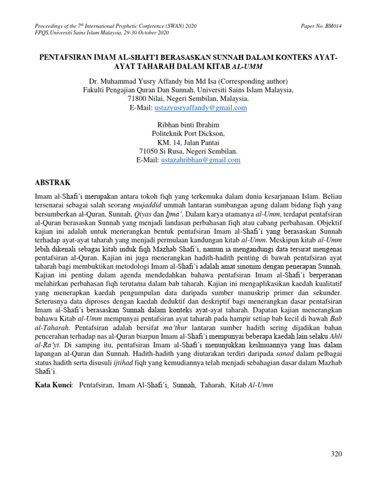 Pentafsiran Imam Al-Shafi'I Berasaskan Sunnah Dalam Konteks Ayat Ayat Taharah Dalam Kitab Al-Umm ...