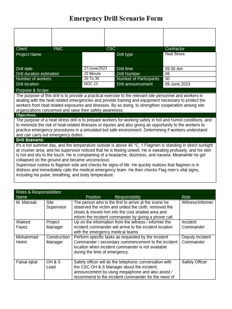 Heat Stress Emergency Drill Scenario | PDF | Hyperthermia ...