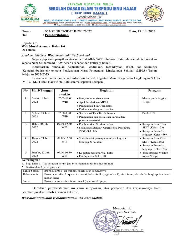 Surat - Edaran MPLS 2022-2023 | PDF