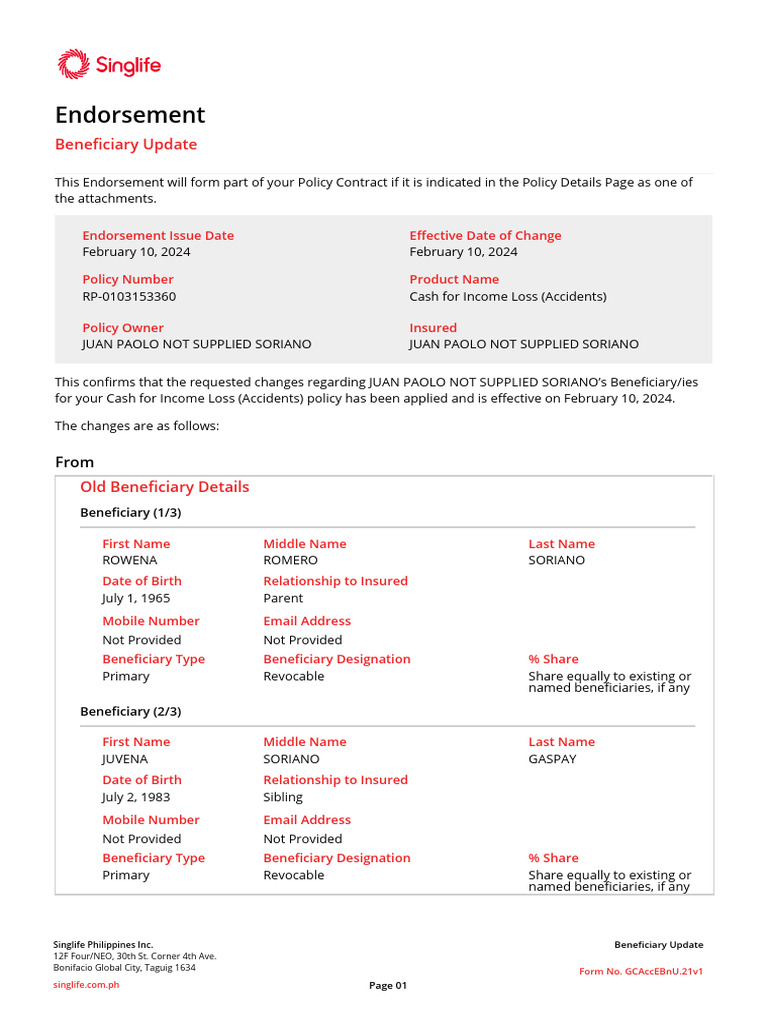 Cash For Income Loss (Accidents) Endorsement Letter | PDF | Economies