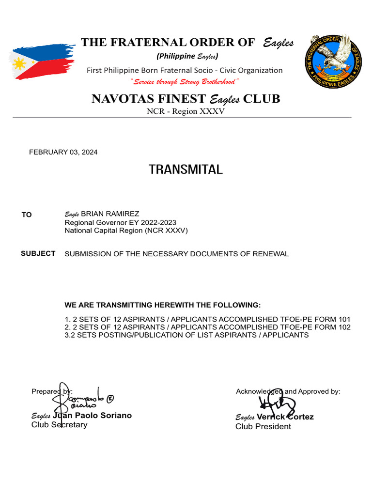 Philippine Eagles Renewal Document Submission | PDF