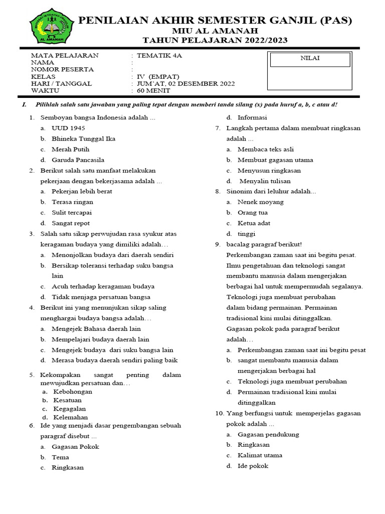 Soal PAS TEMA A Kelas 4 | PDF