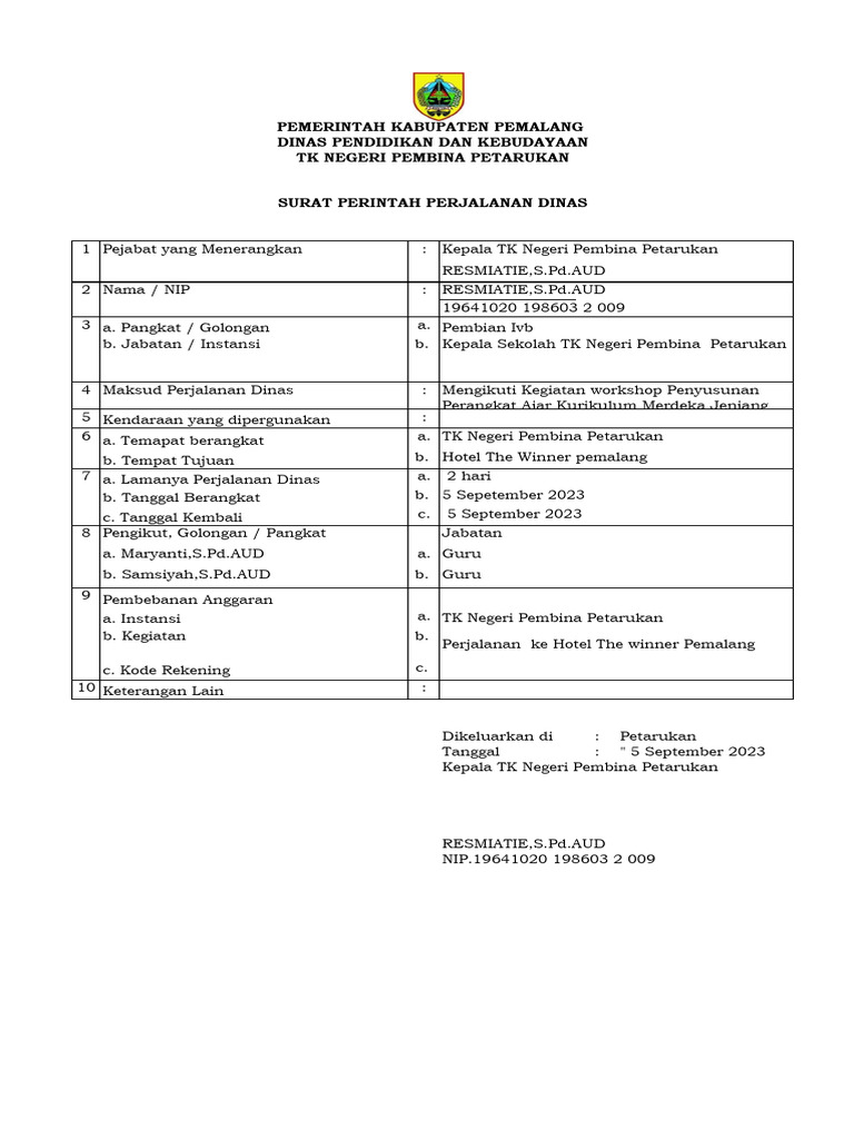 Contoh SPPD TK | PDF