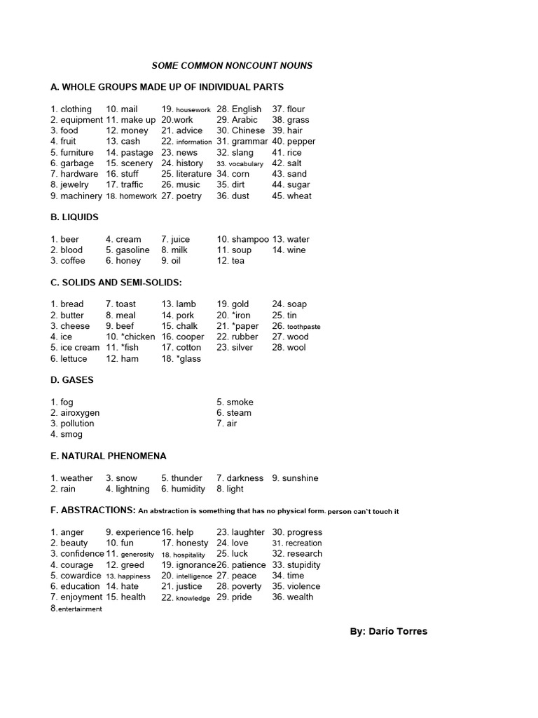 Non Count Nouns | PDF | Foods