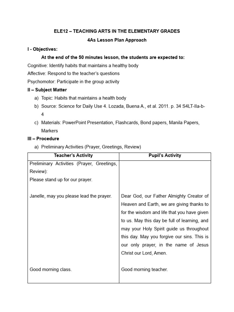 ELE12 4as Approach Format | PDF | Prayer | Teachers