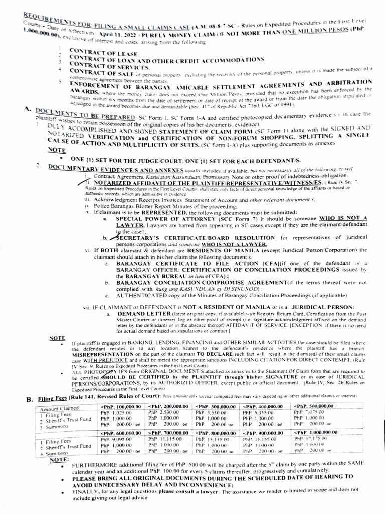 Small Claims Filing Requirements Guide | PDF | Plaintiff | Affidavit