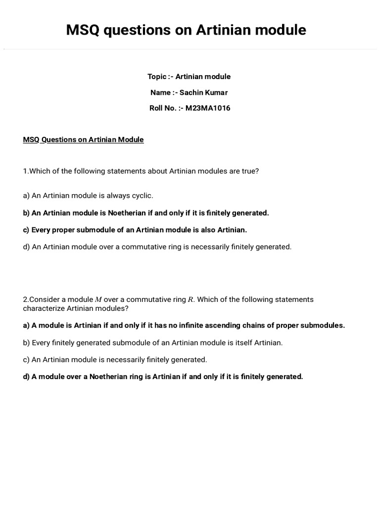 Artinian Module MSQ Guide | PDF | Ring (Mathematics) | Module (Mathematics)