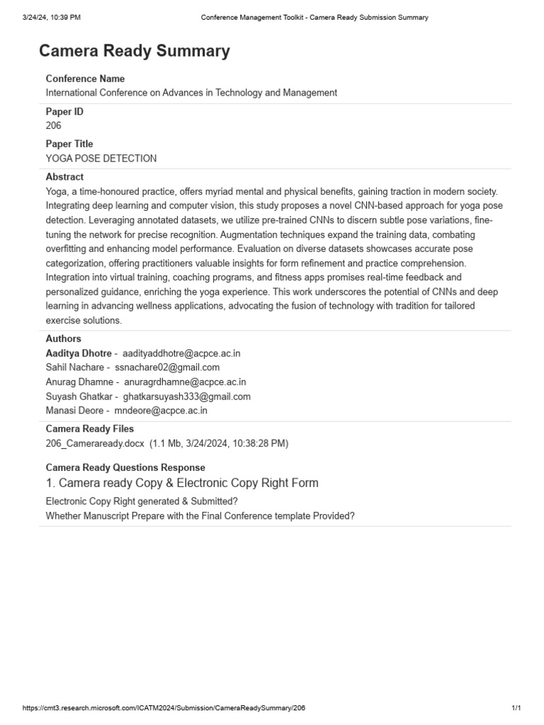 Conference Management Toolkit - Camera Ready Submission Summary | PDF