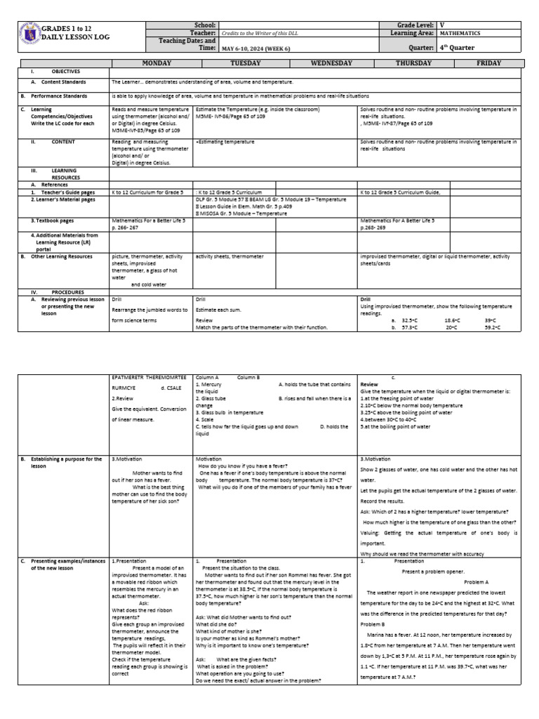 Grade 5 DLL Math 5 q4 Week 6 | PDF | Thermometer | Temperature