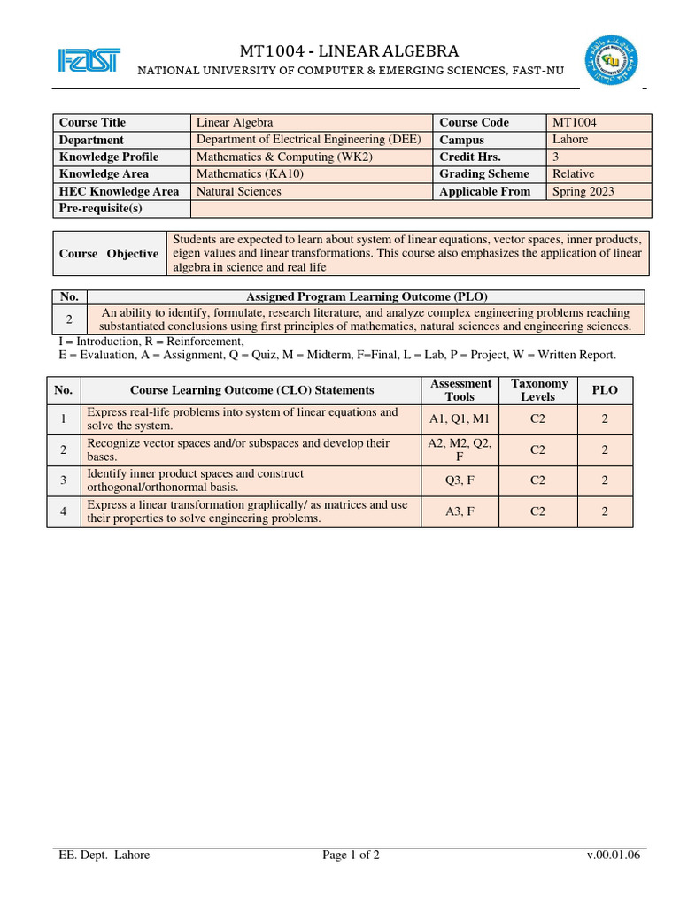 MT1004 - Course Outline - Spring 2023 | PDF | Matrix (Mathematics ... MT1004 - Course Outline - Spring 2023 | PDF | Matrix (Mathematics ...