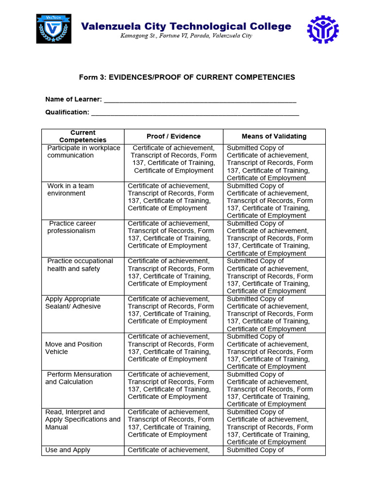Valenzuela City Competency Evidence Form | PDF | Vehicles | Motor Vehicle