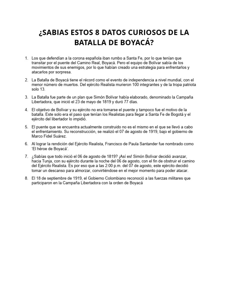 DATOS CURIOSOS DE LA BATALLA DE BOYACÁ | PDF