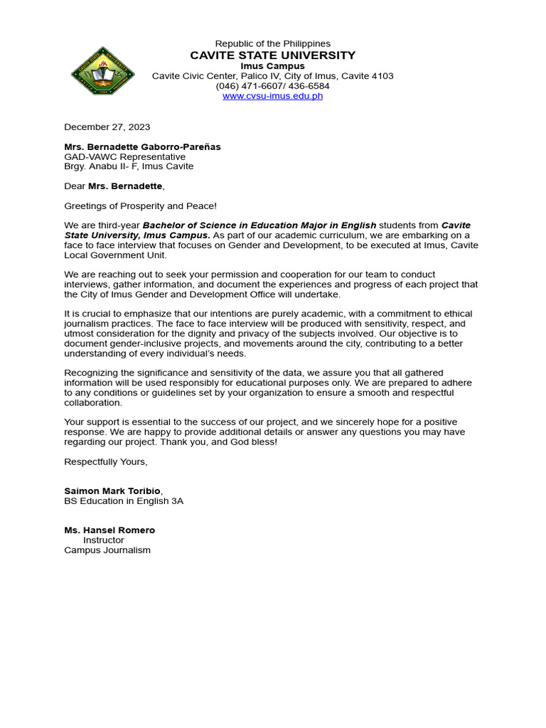 Letter for Interview | PDF | Gender Equality | Gender Studies