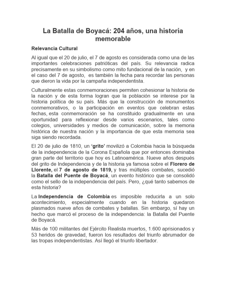 LECTURA BATALLA DE BOYACÁ | PDF | Militares de españa | Conflictos