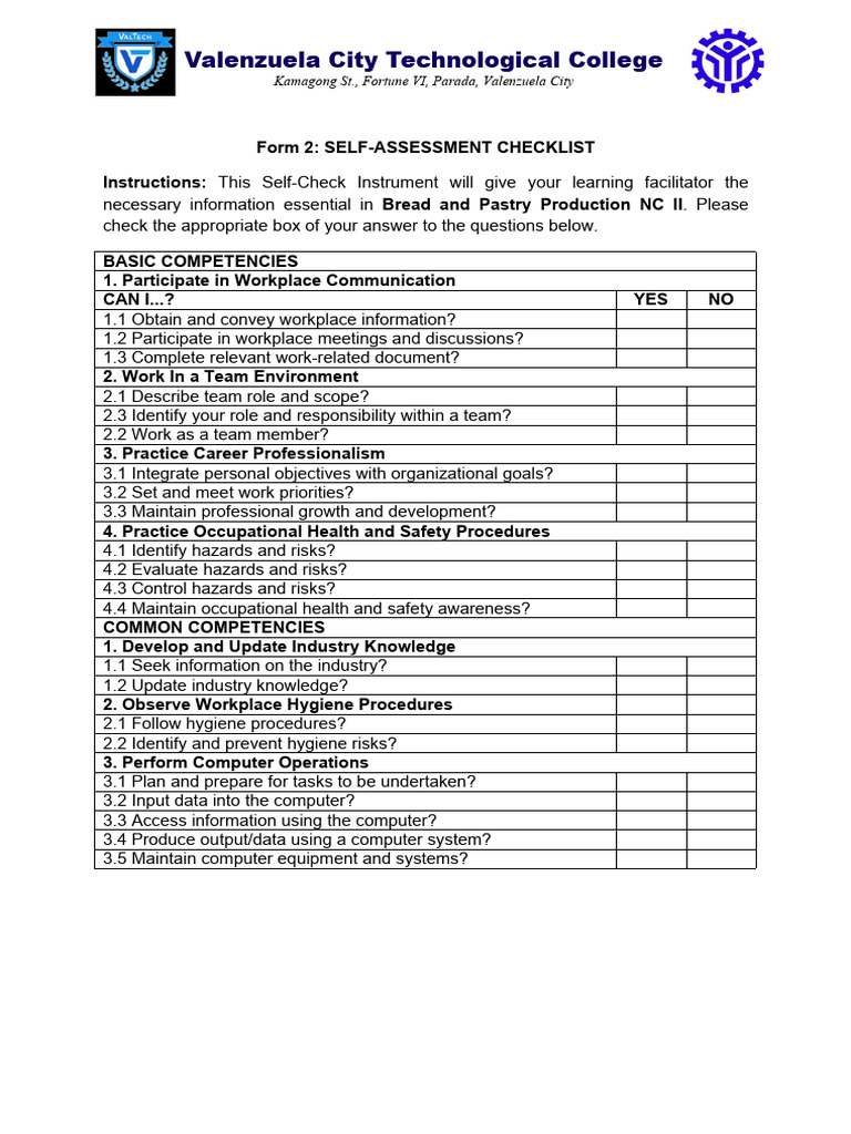 Form 2 - Self-Assessment Checklist | PDF | Cakes | Occupational Safety ...