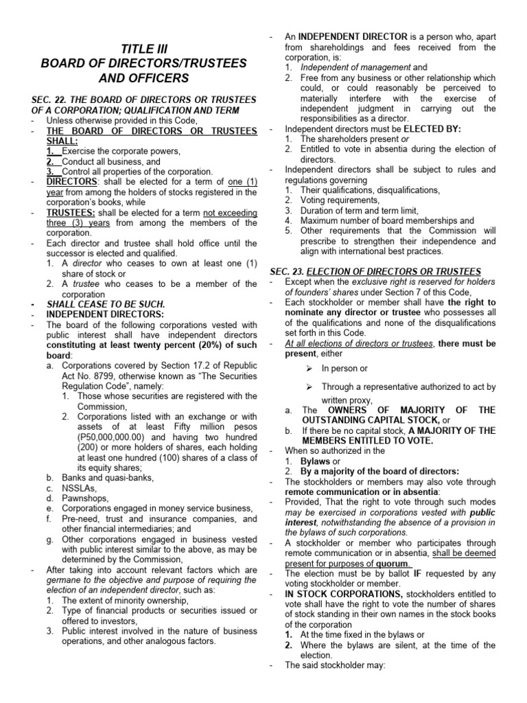 Revised Corporation Code | PDF | Board Of Directors | Stocks