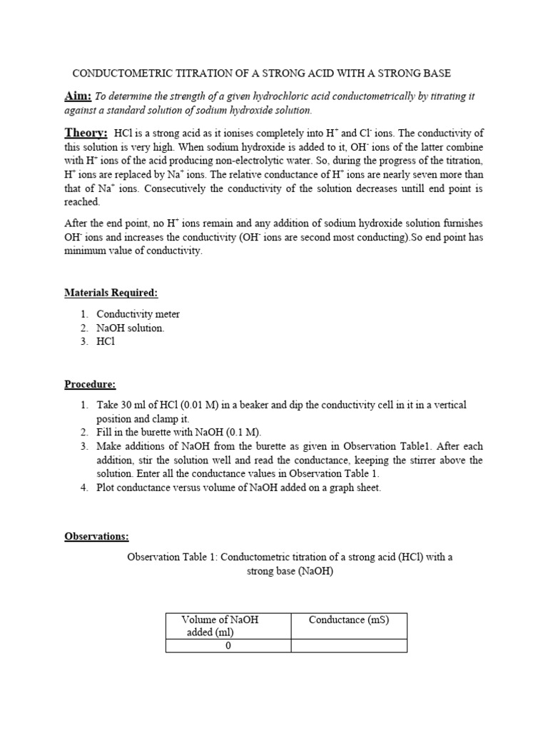 Conductometric Titration of A Strong Acid With A Strong Base | PDF | Hydrochloric Acid | Chemistry